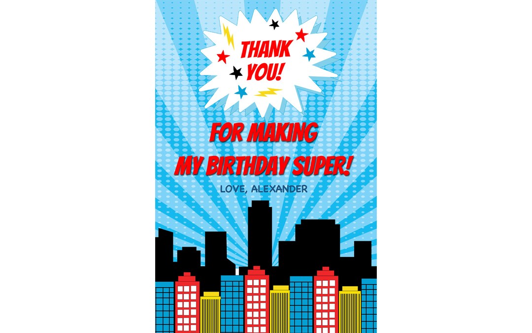 Superhero Thank You Card, Superhero Birthday, Boy Birthday, Birthday ...