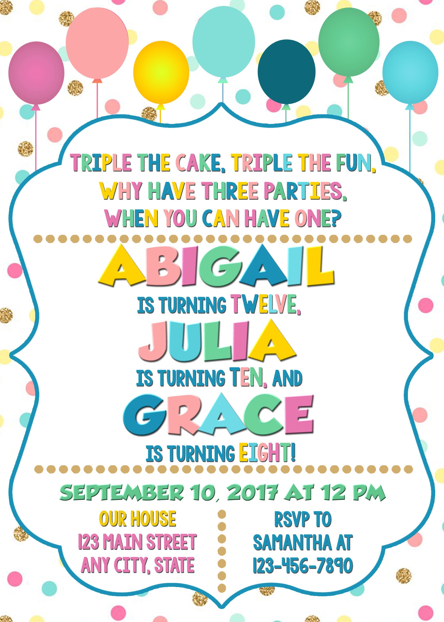 Combined Birthday Party Invitation, Triplet Birthday Invitation ...