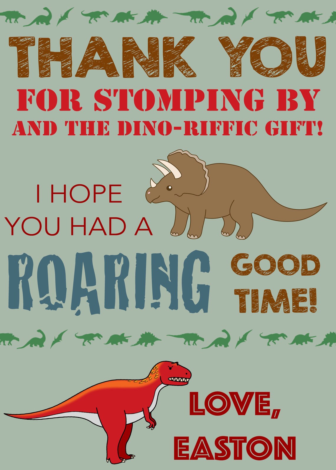 Dinosaur Thank You Card, Dinosaur Thank You Note, Dinosaur Birthday ...