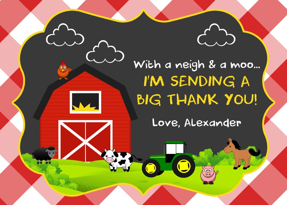 Farm Thank You Card, Farm Birthday, Farm Animals Thank You, Farm Party ...