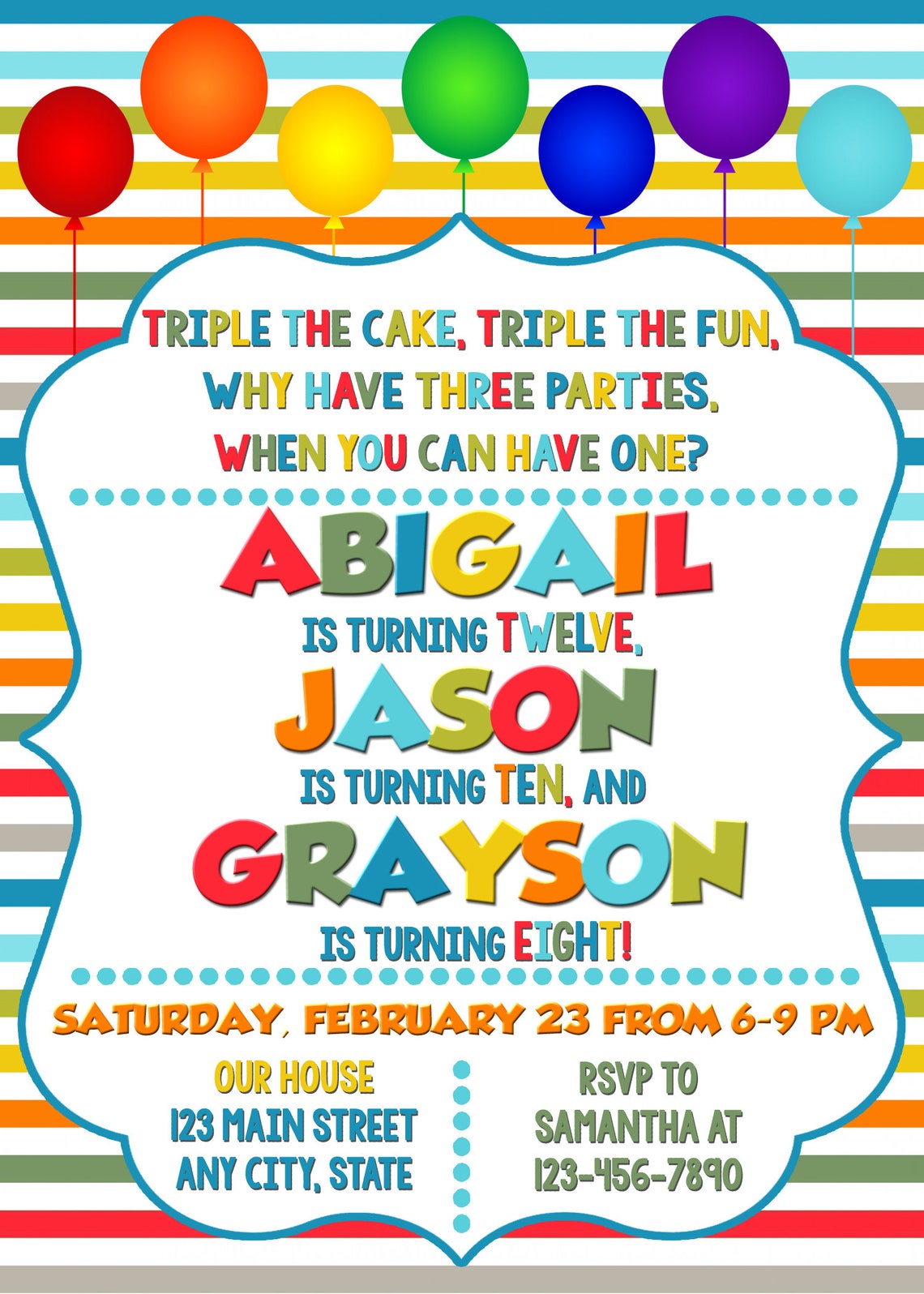 Combined Birthday Party Invitation, Triplet Birthday Invitation ...