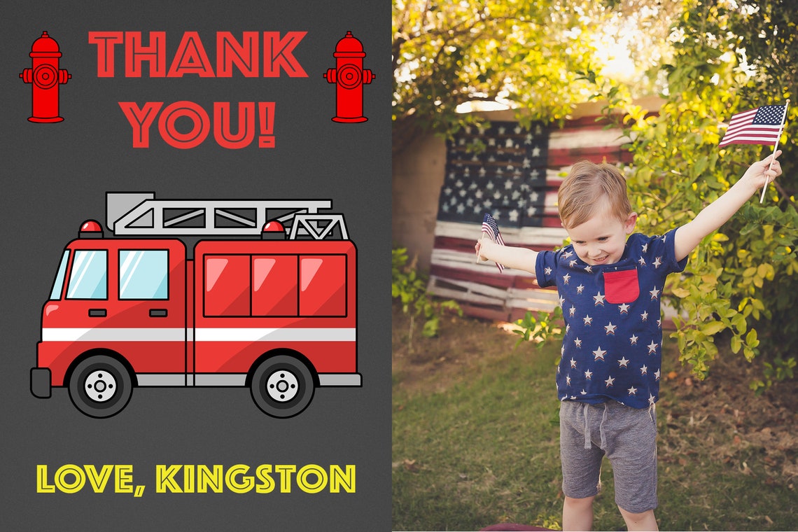 Fire Truck Thank You Card, Firetruck Thank You Card, Fireman Thank You ...