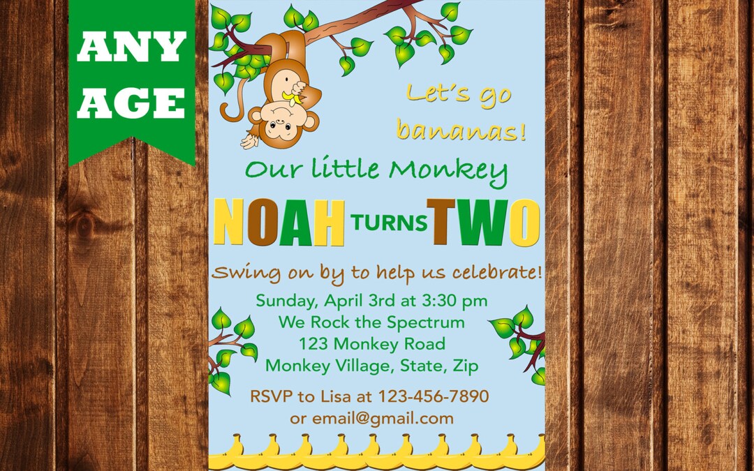 Monkey Birthday Invitation, Monkey Invitations, Jungle Birthday ...