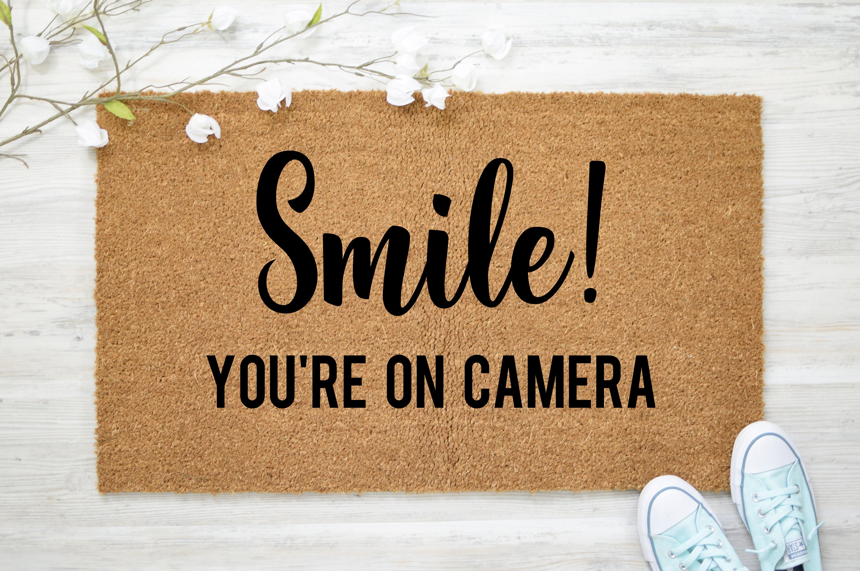 Smile! You're on Camera Doormat, Funny Doormat, Funny Welcome Mat ...