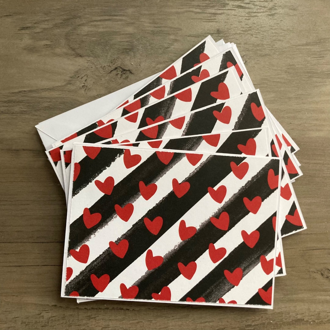 Red Hearts and Black and White Stripes Note Cards; Set of 6 - Etsy