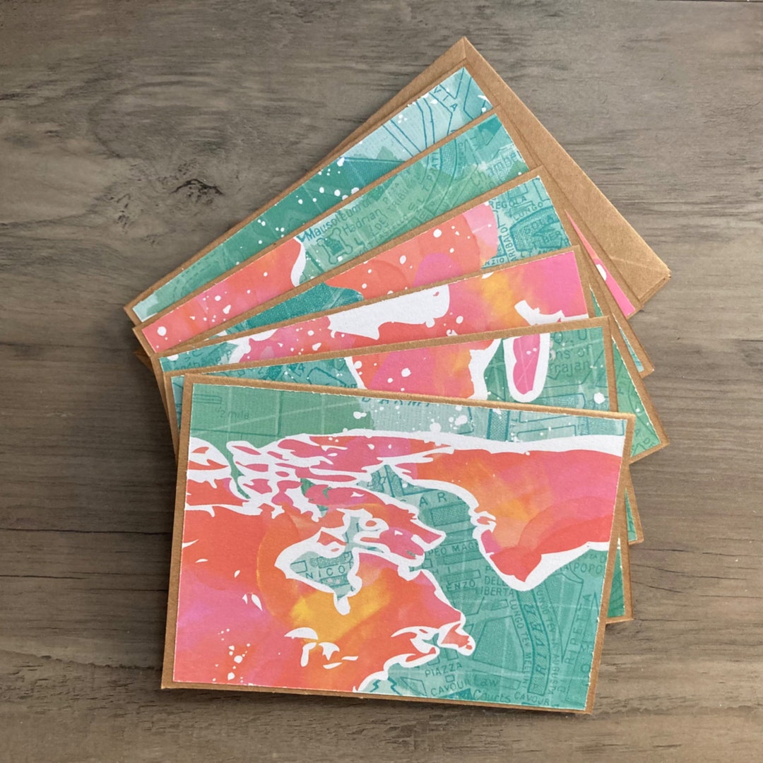 Map Note Card Set | Set of 6 | Pink and Turquoise | Encouragement Cards ...
