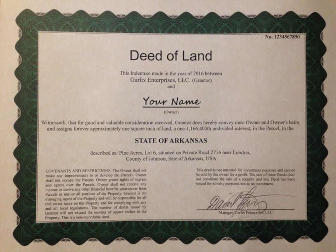 Arkansas Land Deed - 1 Square Inch - Novelty Gift - Etsy