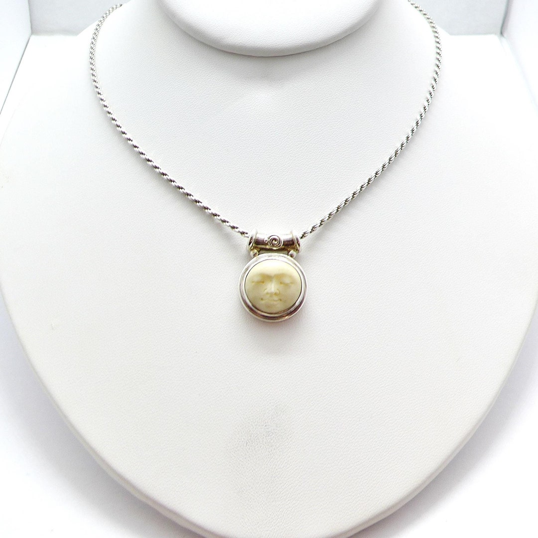 Vintage Sajen Sterling Silver 925 Carved Bone Moon Pendant 20 Necklace ...