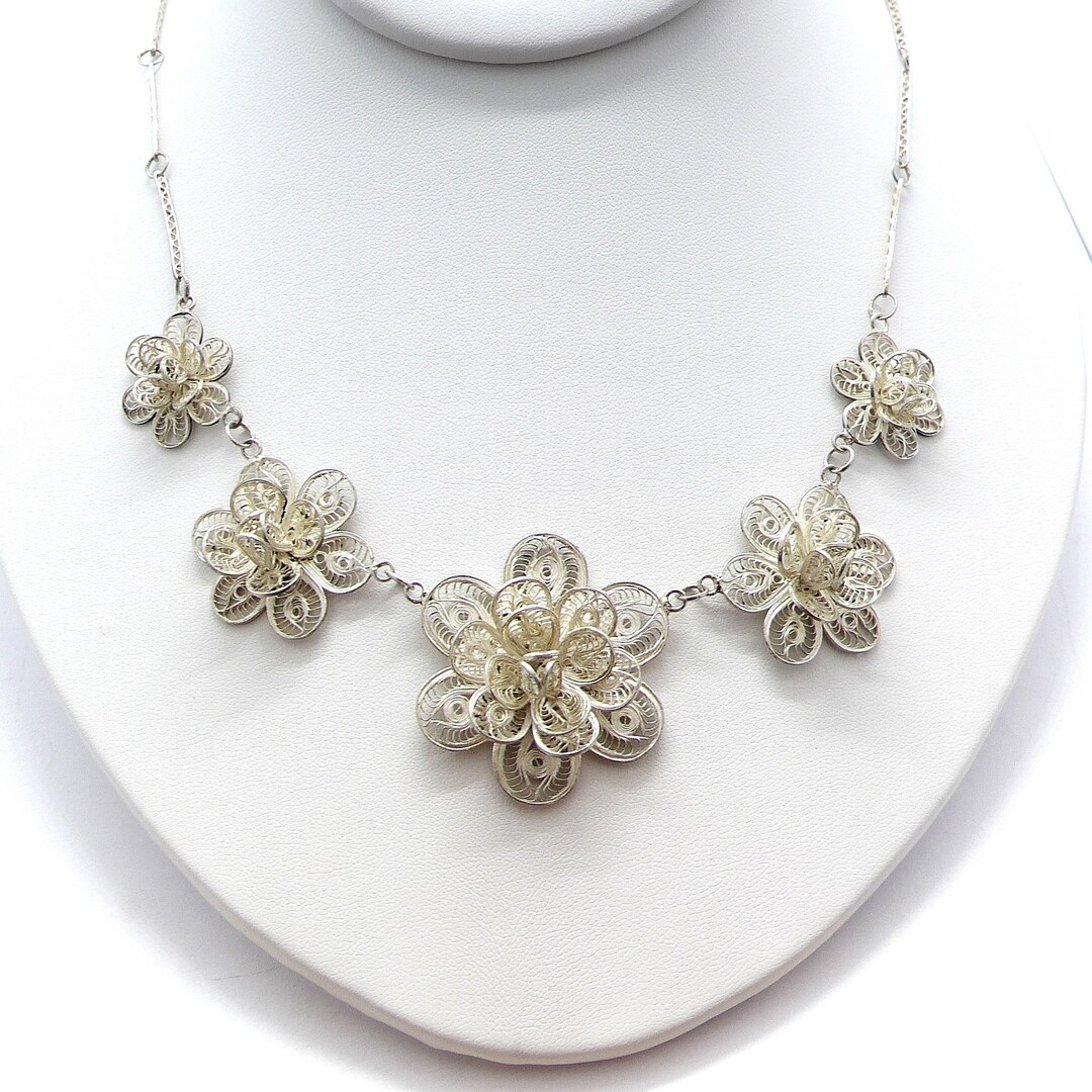 Vintage Hallmarked RC Sterling Silver 925 Filigree Flower Novelty Chain ...