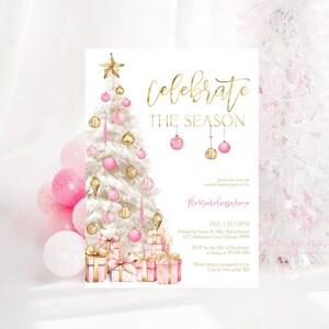 Printable Christmas Party Invitation, Pink and Gold Christmas Invite ...