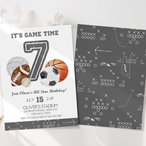 Sports 7th Birthday Party Invitation Template Editable Sports Seventh ...