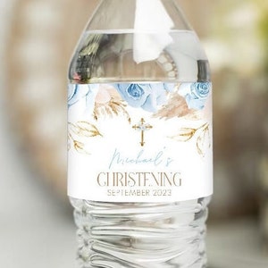Blue Christening Water Bottle Label, Boho Baptism Water Label ...