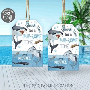 EDITABLE Shark Birthday Favor Tags, Shark Jawsome Time, Watercolor ...
