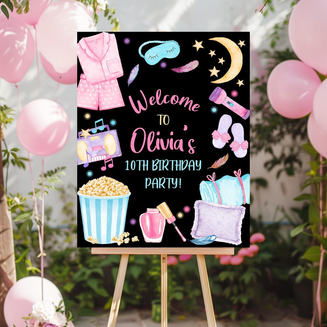 Editable Black Sleepover Birthday Welcome Sign Slumber Party Welcome ...