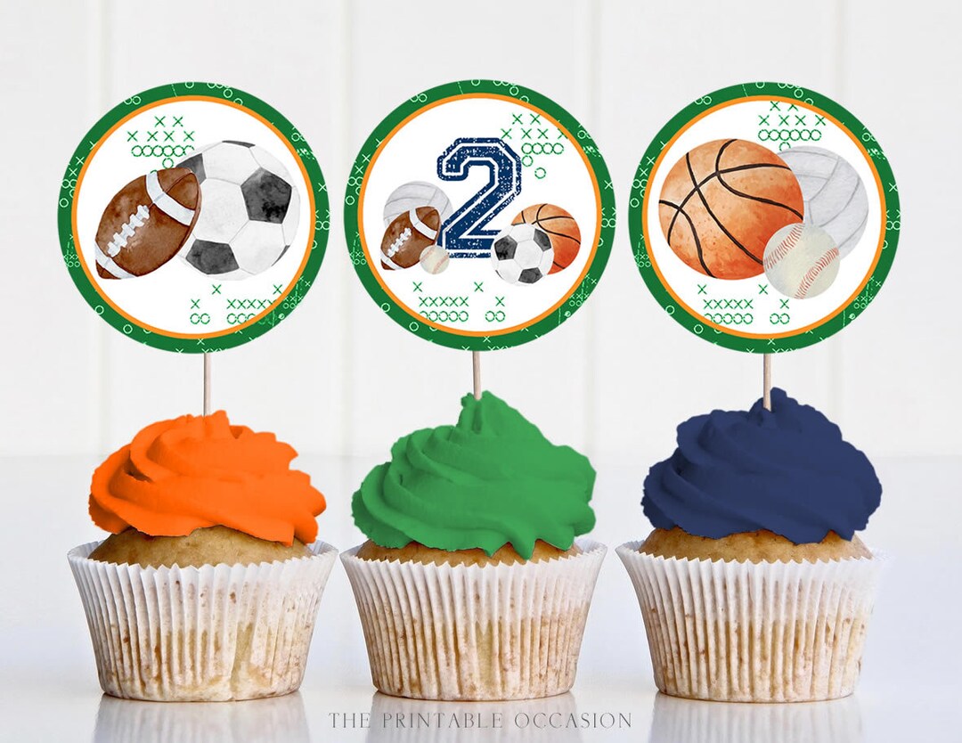 All Sports Cupcake Toppers ANY AGE, All Sports Birthday Party Cupcake ...