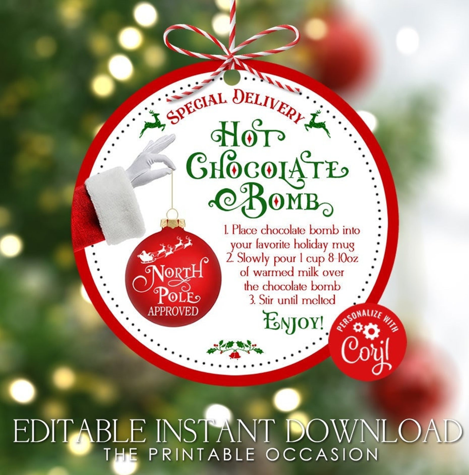 EDITABLE Christmas Hot Chocolate Bomb Tag, Printable North Pole Santa ...