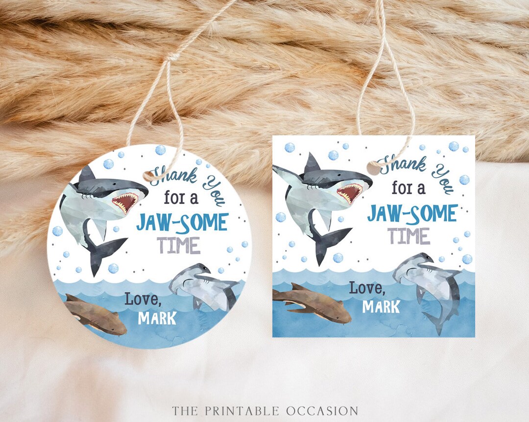 EDITABLE Shark Birthday Favor Tags, Shark Jawsome Time, Watercolor ...