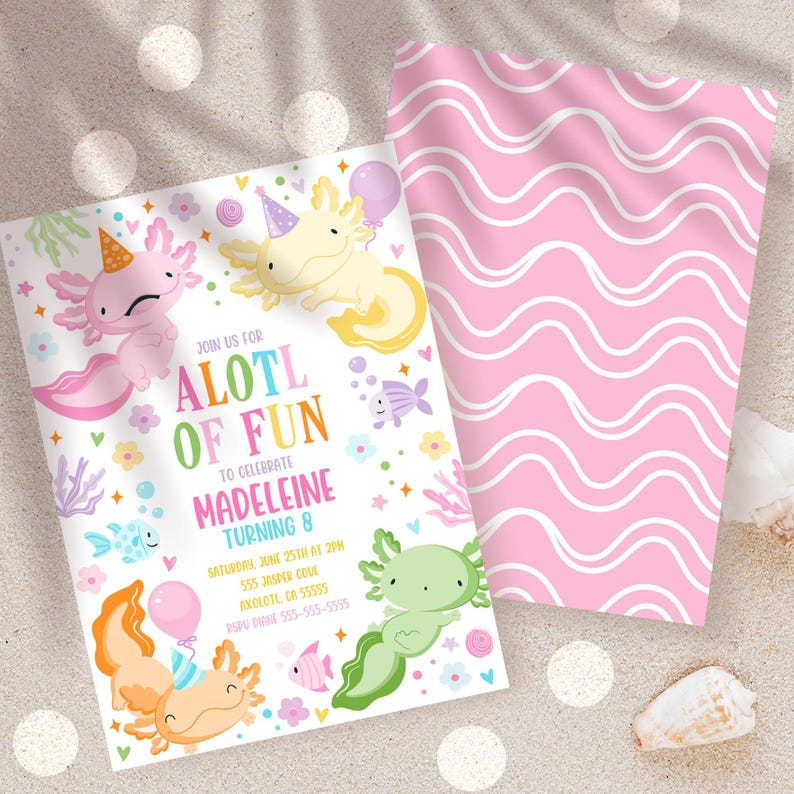 Editable Axolotl Birthday Invitation Template Canva Template Under the ...