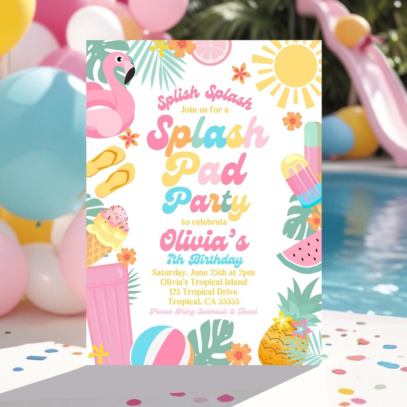 Splash Pad Birthday Party Invitation Template Pastel Tropical Splish ...