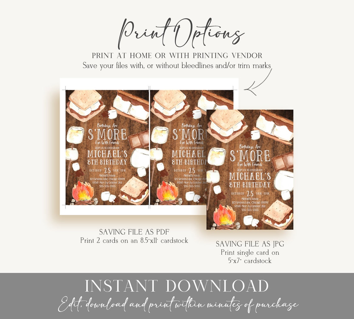 Smores Birthday Invitation Template Rustic Smores Bonfire - Etsy
