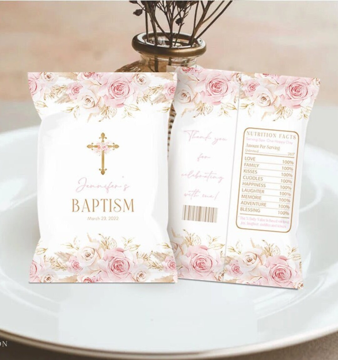 Editable Pink Floral Baptism Christening Chip Bag Wrapper Printable ...