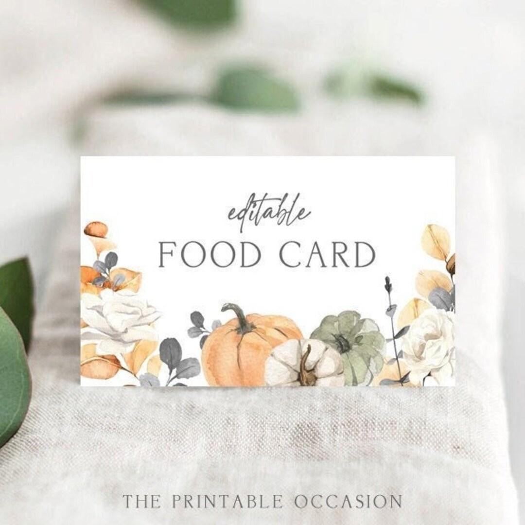Editable Thanksgiving Food Label Template Floral Pumpkin Food Card Gray ...