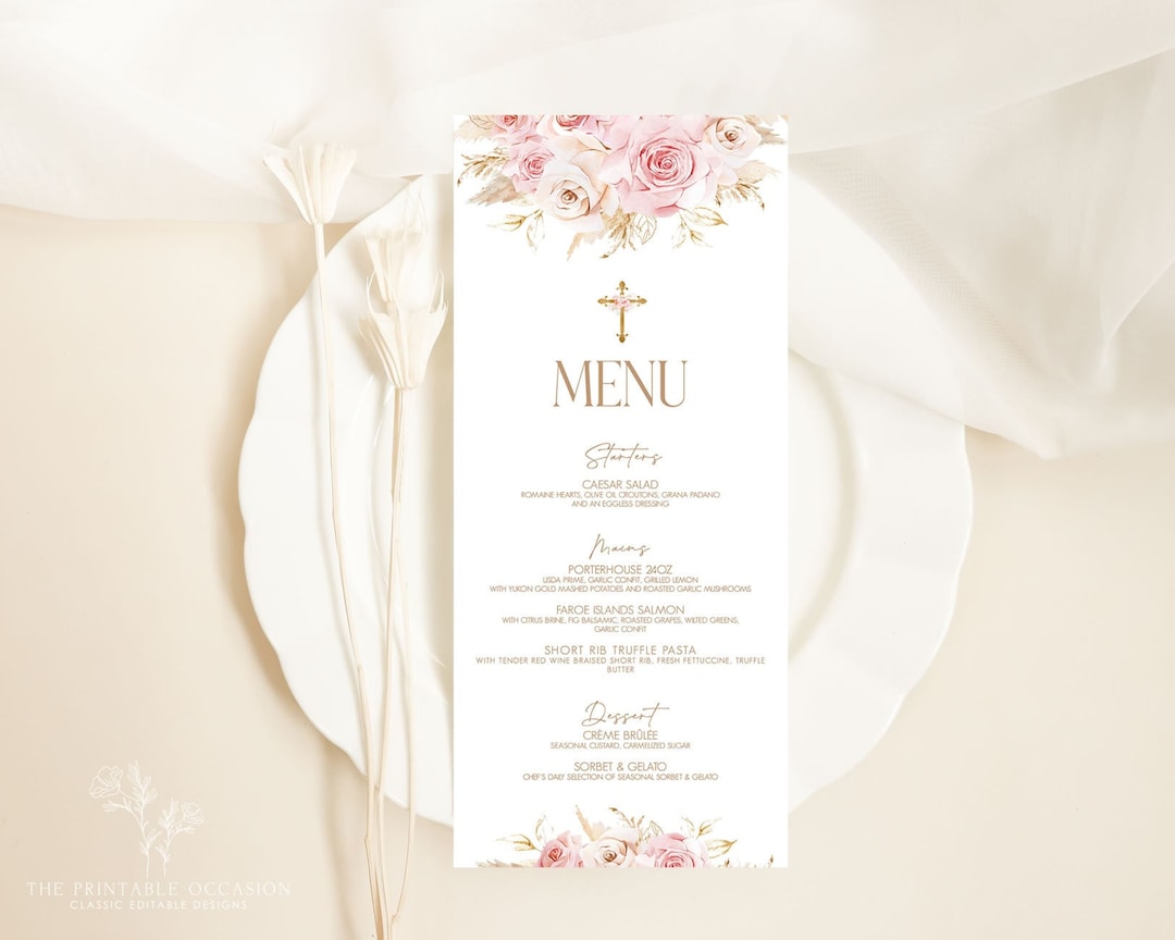 Editable Baptism Menu Card, Christening Menu Card, Printable Pink Boho ...