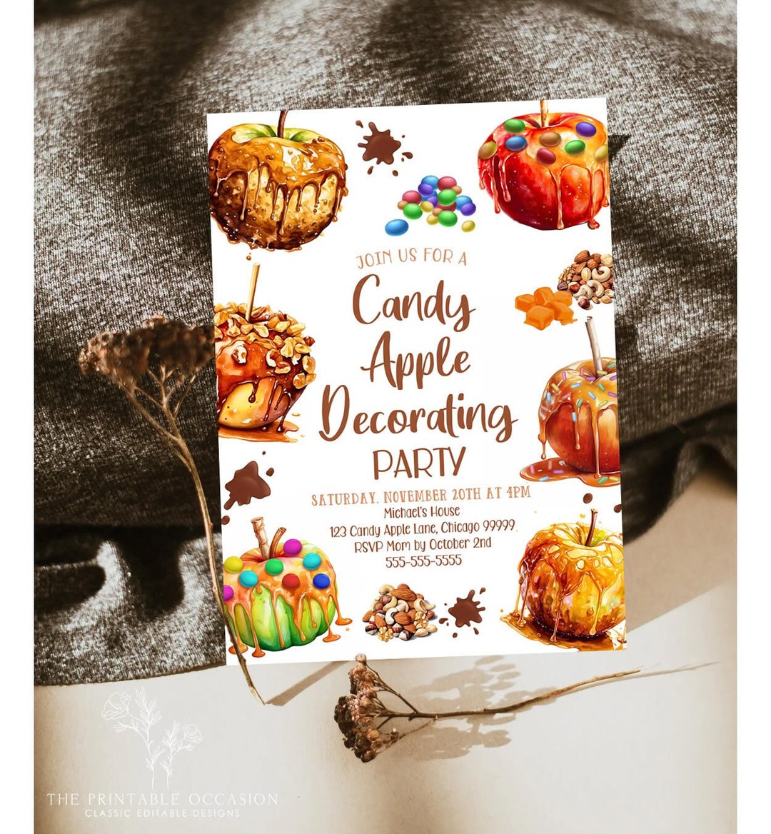 Editable Candy Apple Invitation Caramel Apple Decorating Party ...