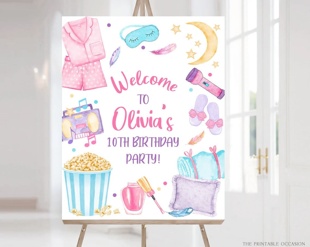 Editable Sleepover Birthday Welcome Sign Slumber Party Poster Pajamas ...