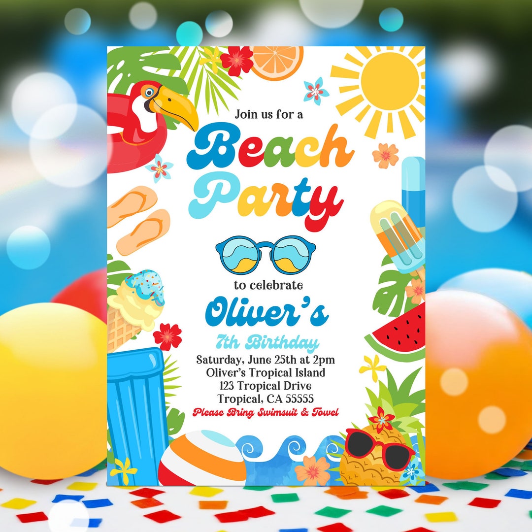 EDITABLE Beach Birthday Party Invitation Tropical Splish Splash Boy's ...