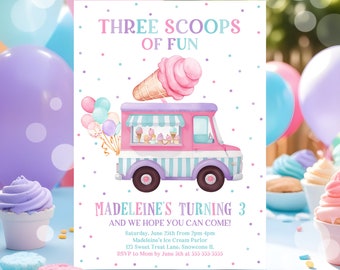 Editable Ice Cream Truck Three Scoops of Fun 3rd Birthday Party Invitation Ice Cream 3rd ...
