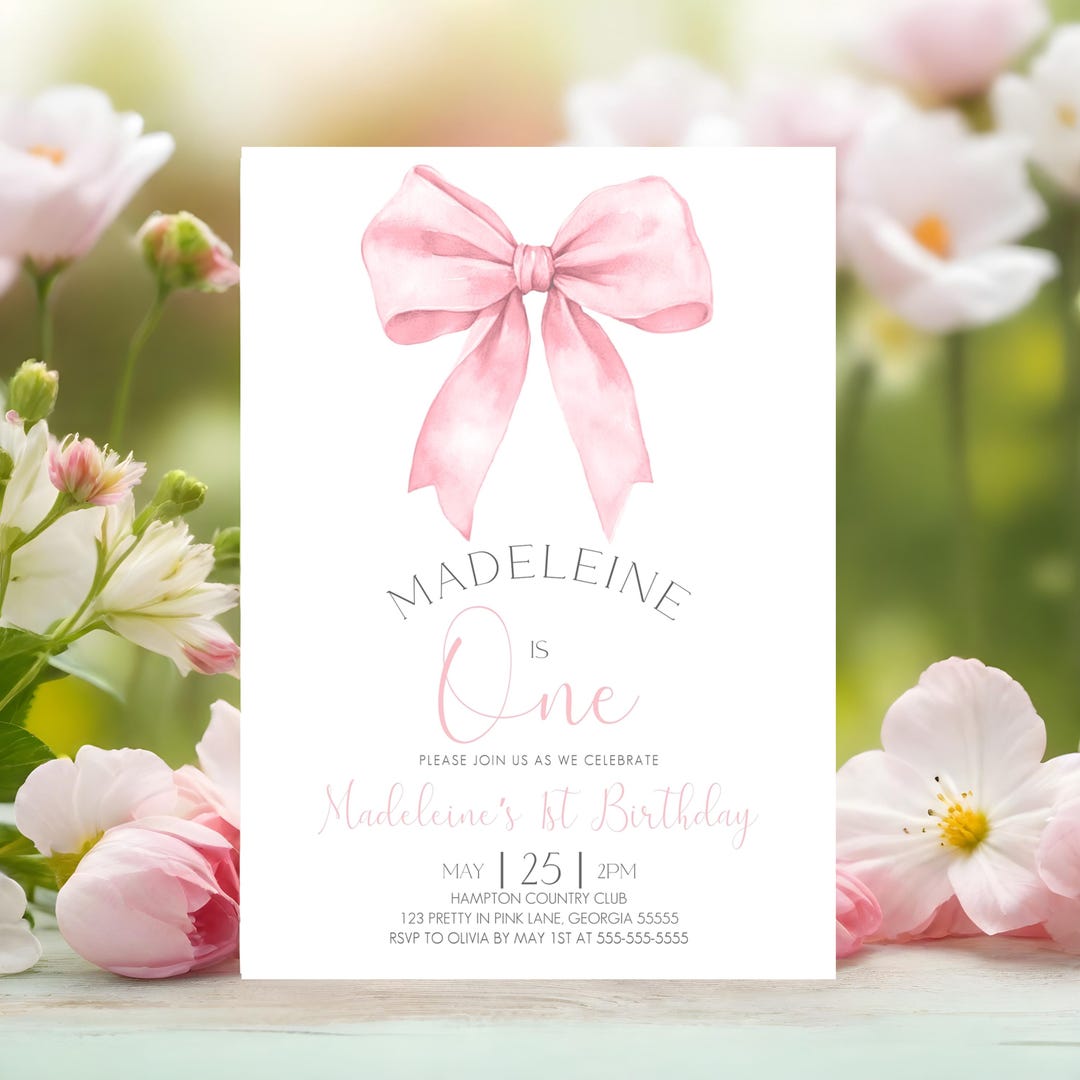 Editable Pink Bow 1st Birthday Invitation Girl First Birthday Canva ...