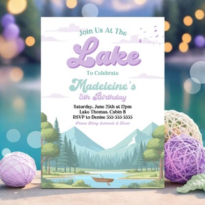 Girl's Lake Birthday Party Invitation Girl's Purple Boat Lake Birthday ...