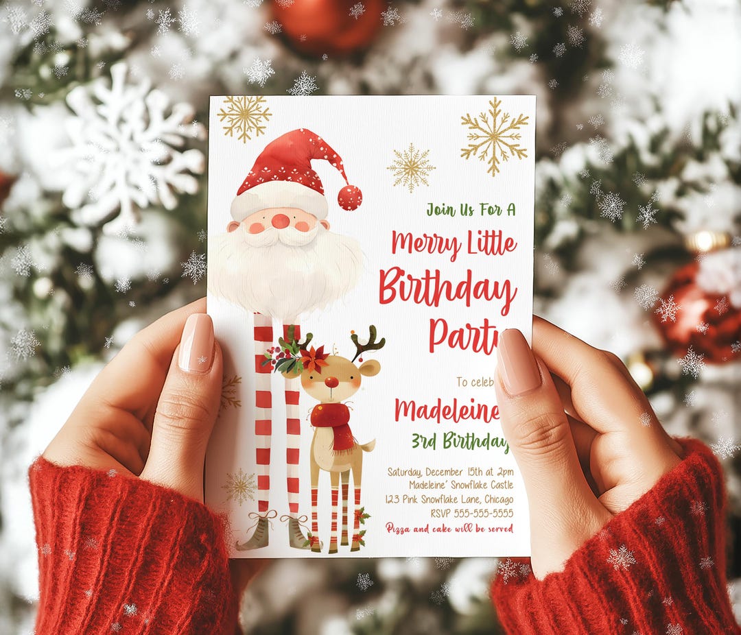 Tall Santa and Reindeer Birthday Invitation Editable Cute Santa Clause ...