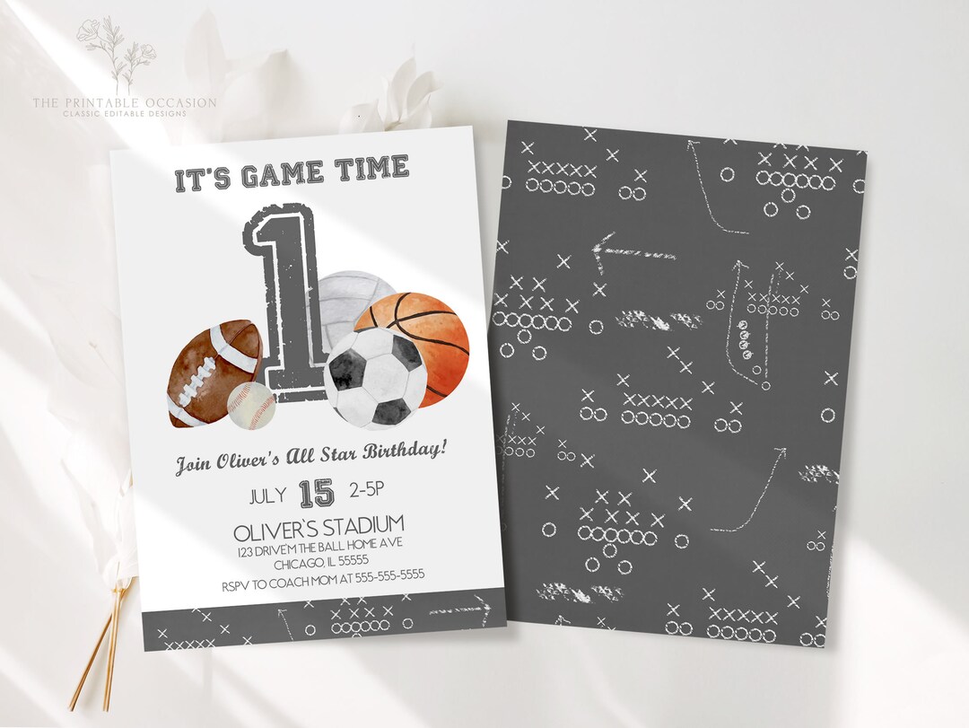 Sports 1st Birthday Party Invitation Template Editable Sports First ...