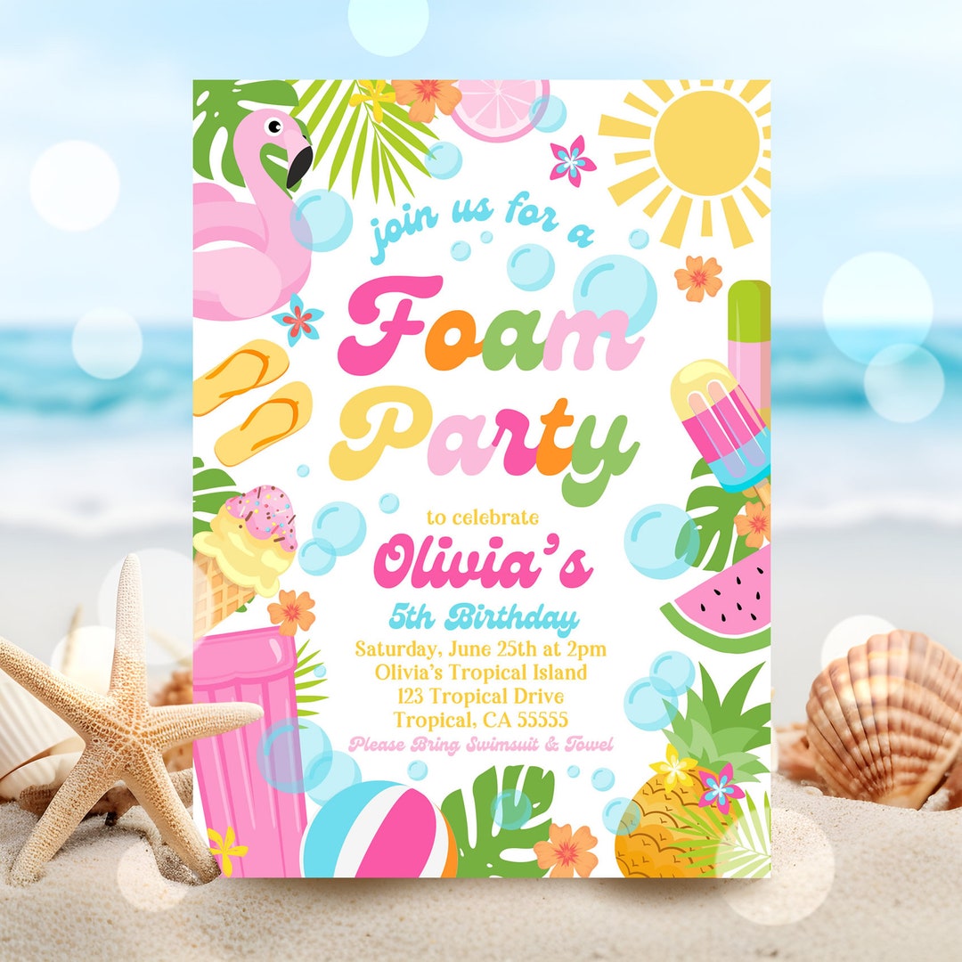 EDITABLE Foam Birthday Party Invitation Tropical Pool Foam Girly Pool ...
