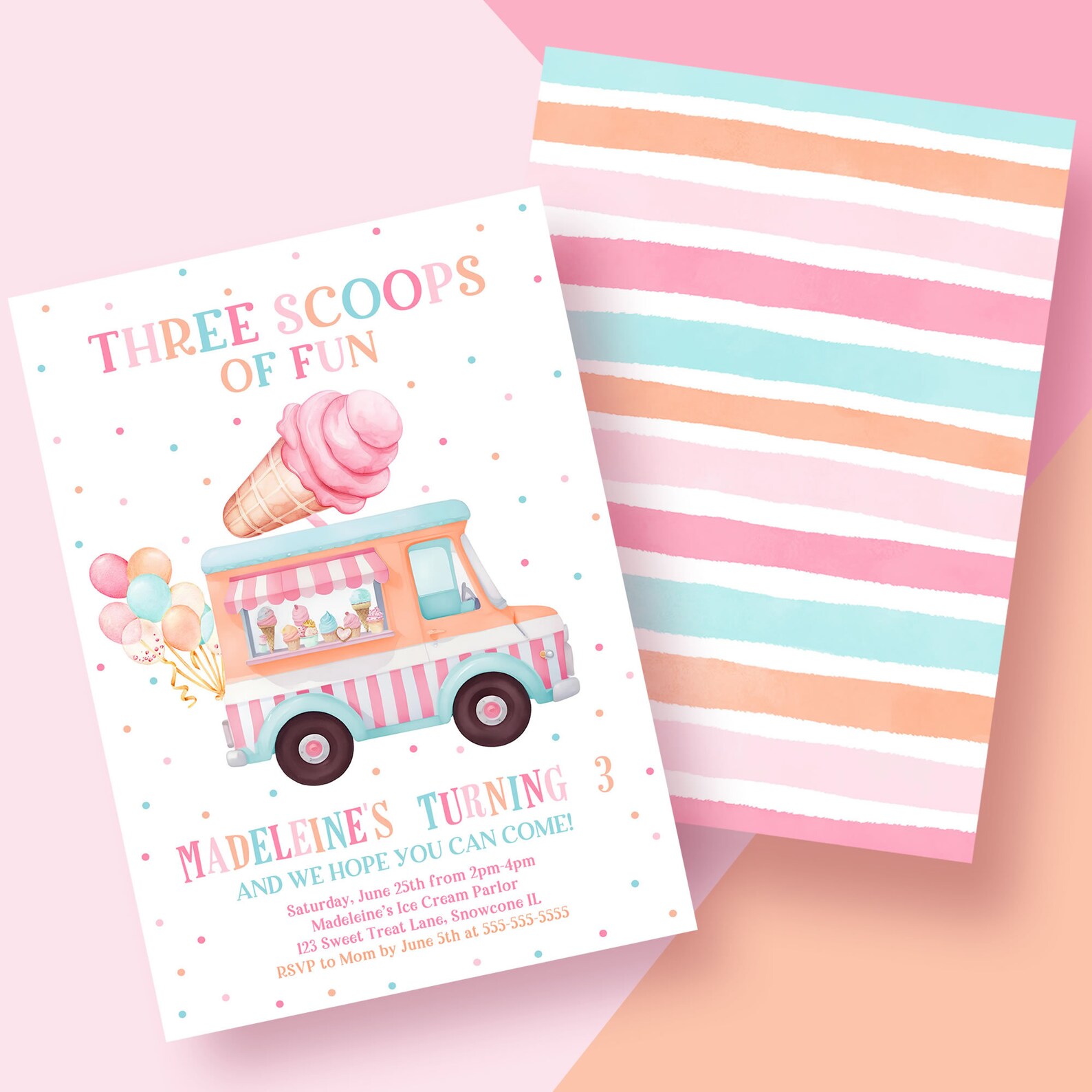 Editable Ice Cream Truck Three Scoops of Fun 3rd Birthday Party ...