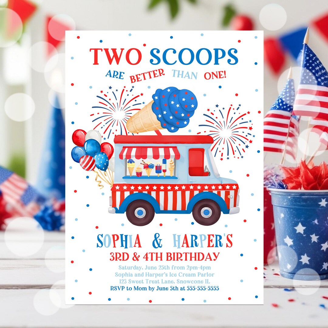 Editable Ice Cream Truck Twin Birthday Invitation 4th Of July Twin Ice
