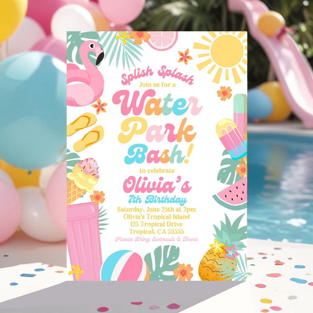 EDITABLE Water Park Birthday Party Invitation Tropical Splish Splash ...