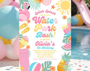 Editable Water Park Birthday Party Invitation Tropical Splish Splash Pool Party Invite Girly ...