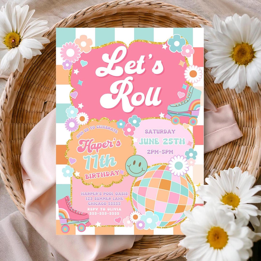 Let's Roll Roller Skate Birthday Party Invitation Template Canva Daisy ...