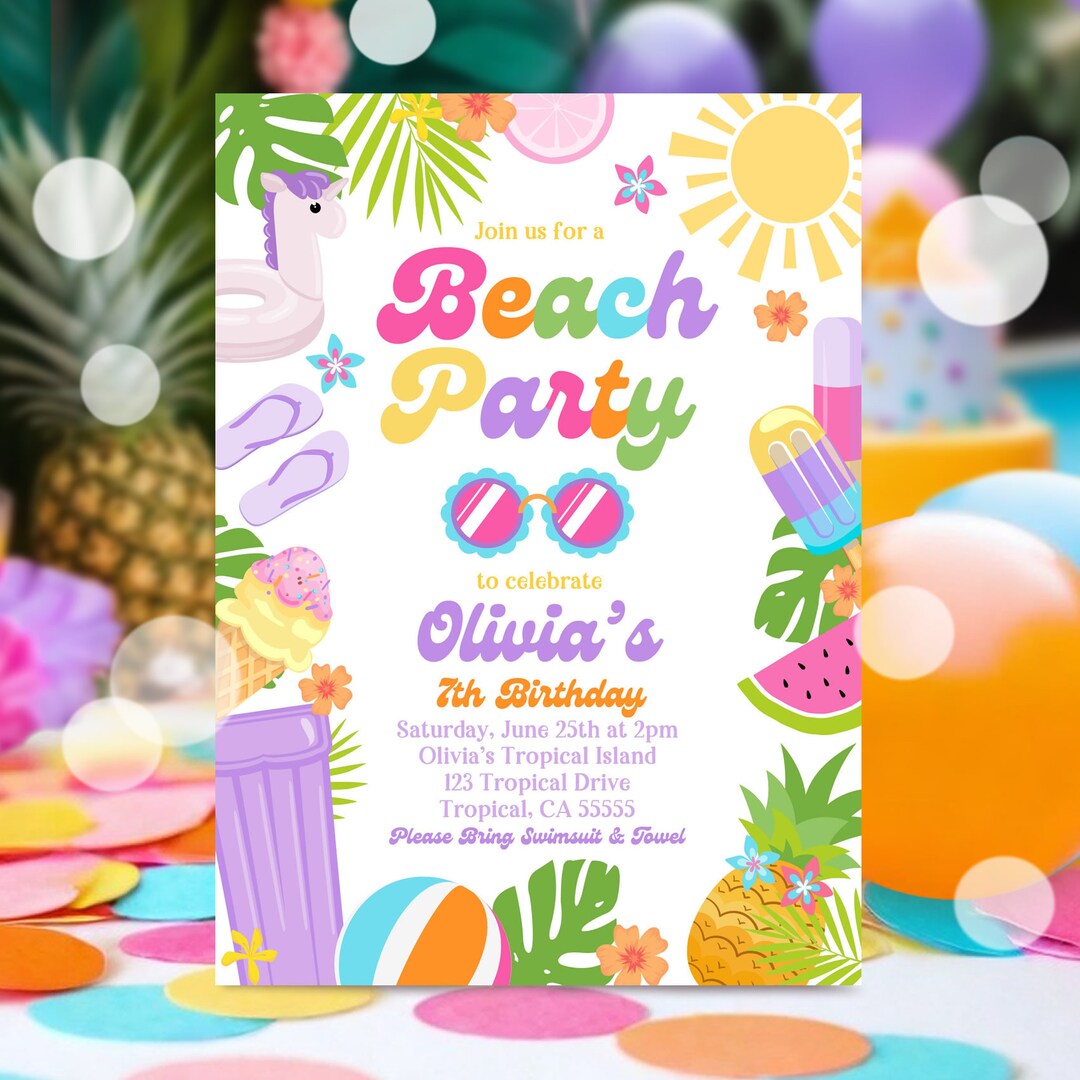 EDITABLE Beach Birthday Party Invitation Tropical Splish Splash Girly ...