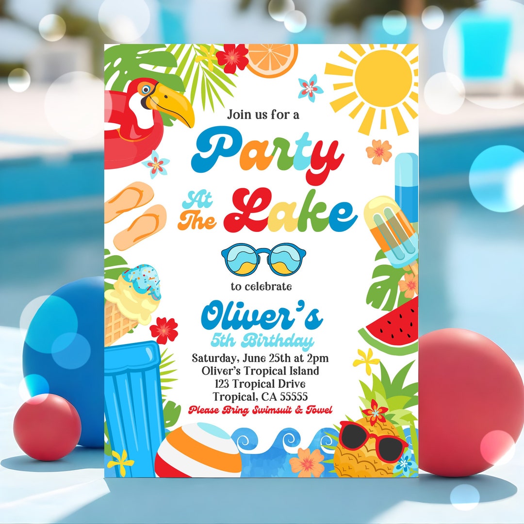 Editable Party at the Lake Birthday Invitation Tropical Splish Splash ...