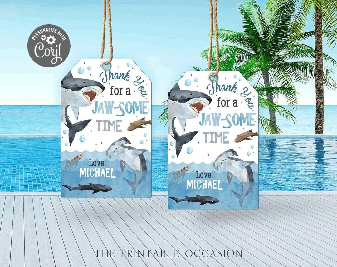 EDITABLE Shark Birthday Favor Tags, Shark Jawsome Time, Watercolor ...