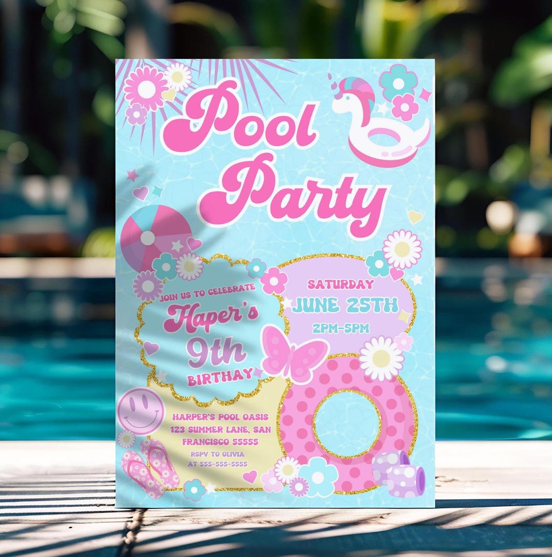 Retro Pool Party Birthday Invitation Printable Checkered Smiley Face ...