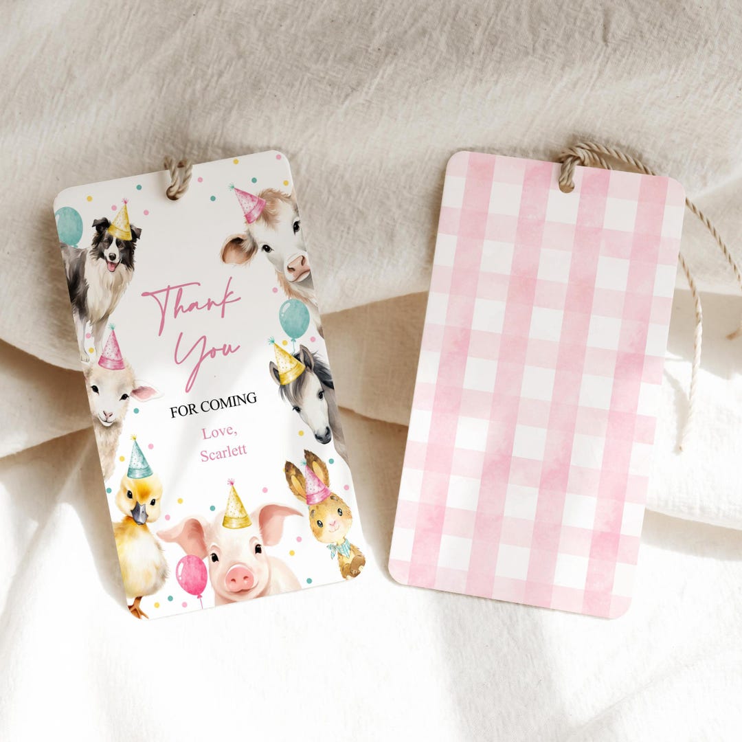Editable Pink Farm Animals Thank You Favor Tag Girl Birthday Barnyard ...