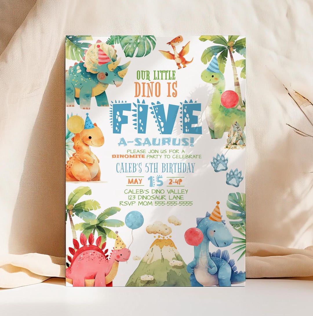Editable Five-a-saurus Dinosaur 5th Birthday Party Invitation Template ...