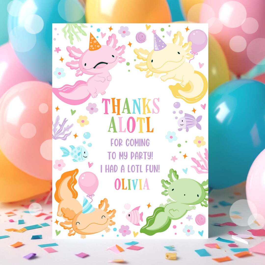 Editable Axolotl Thank You Card Axolotl Birthday Party Thank You Cute ...
