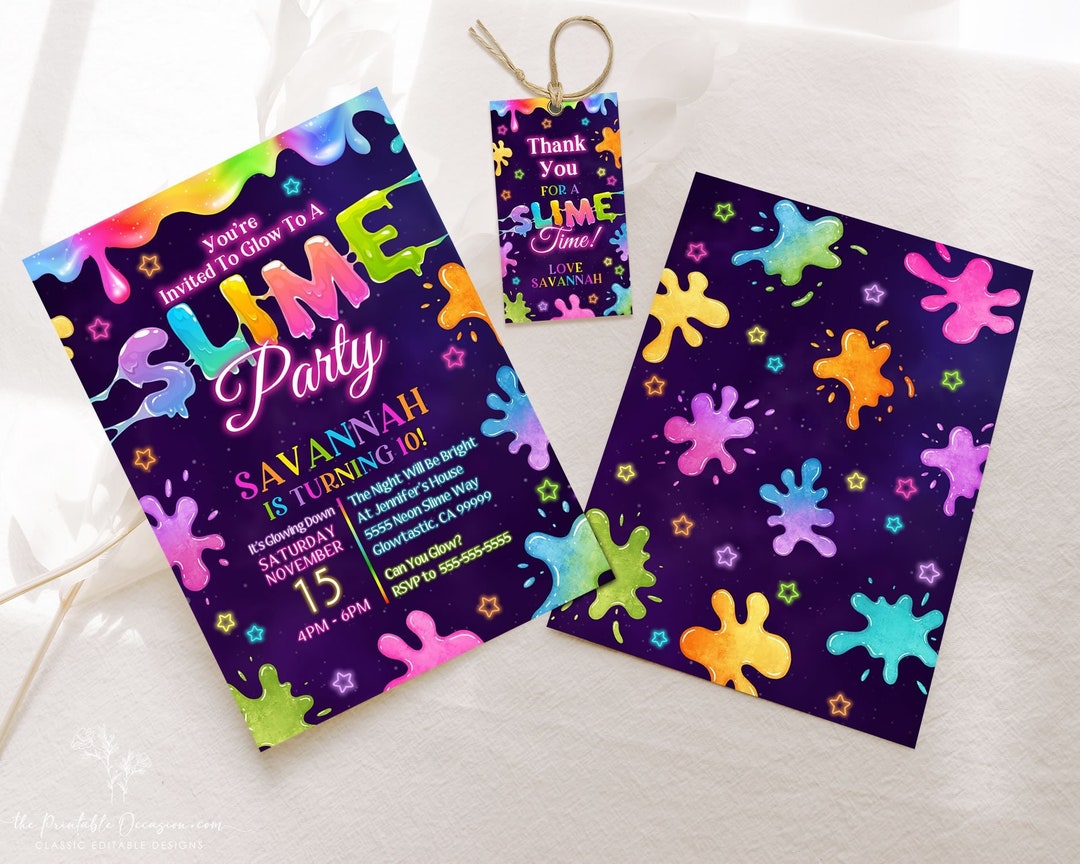Editable Slime Invitation Glow Slime Party Invitation Template Slime ...
