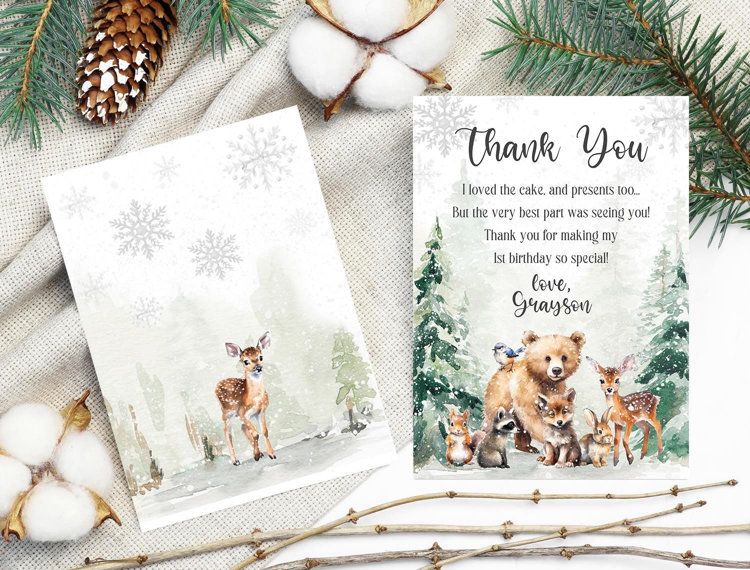 Winter Woodland Thank You Card Editable Woodland Animals Thank You Card ...